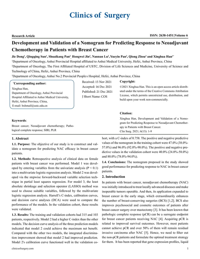 Development and Validation of a Nomogram for Predicting Response to Neoadjuvant Chemotherapy in ...