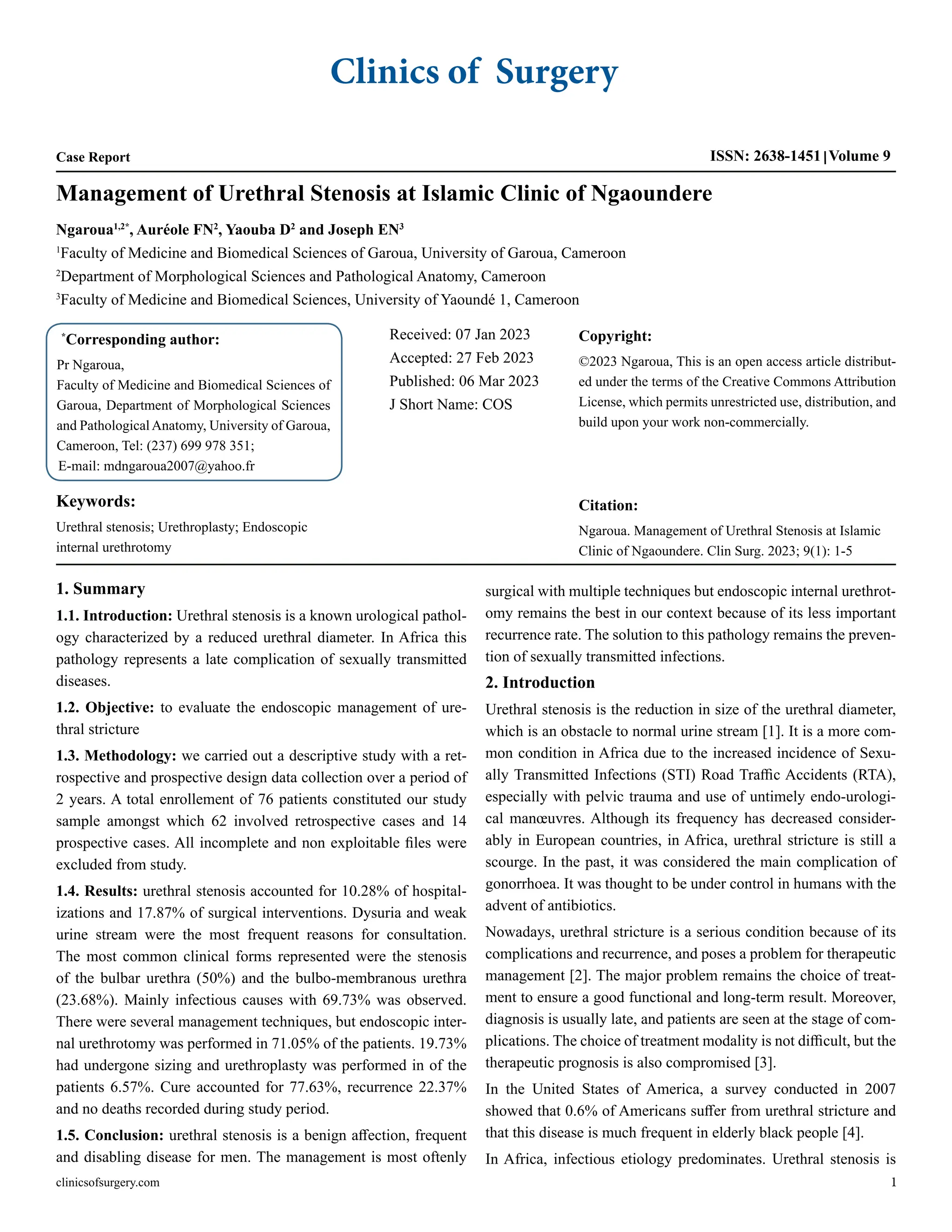 Management of Urethral Stenosis at Islamic Clinic of Ngaoundere | PDF