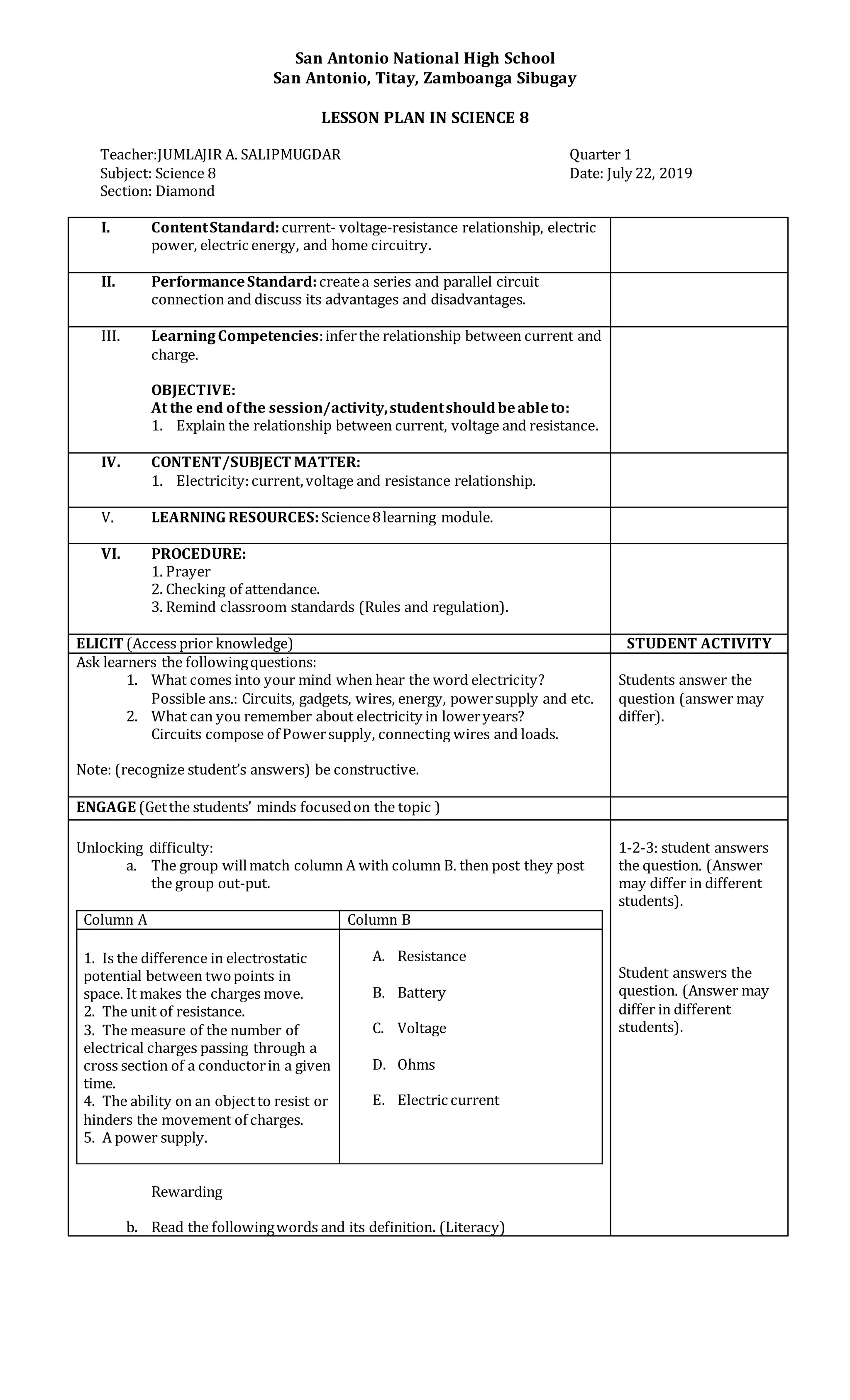 science 8 electricity lesson plan | DOCX