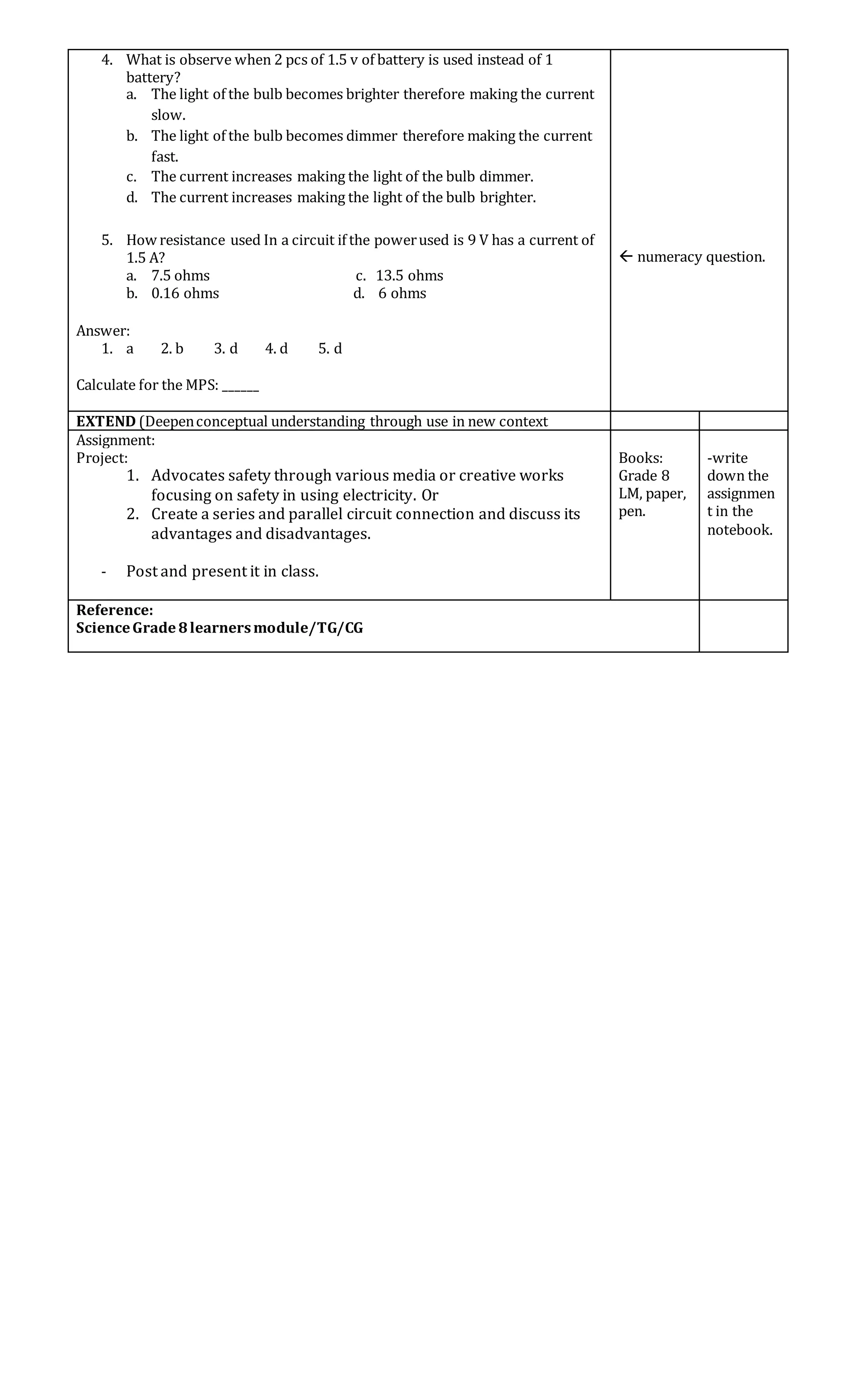 science 8 electricity lesson plan | DOCX | Physics | Science
