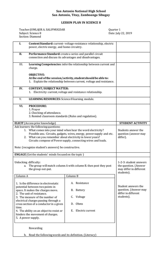 science 8 electricity lesson plan | DOCX | Physics | Science