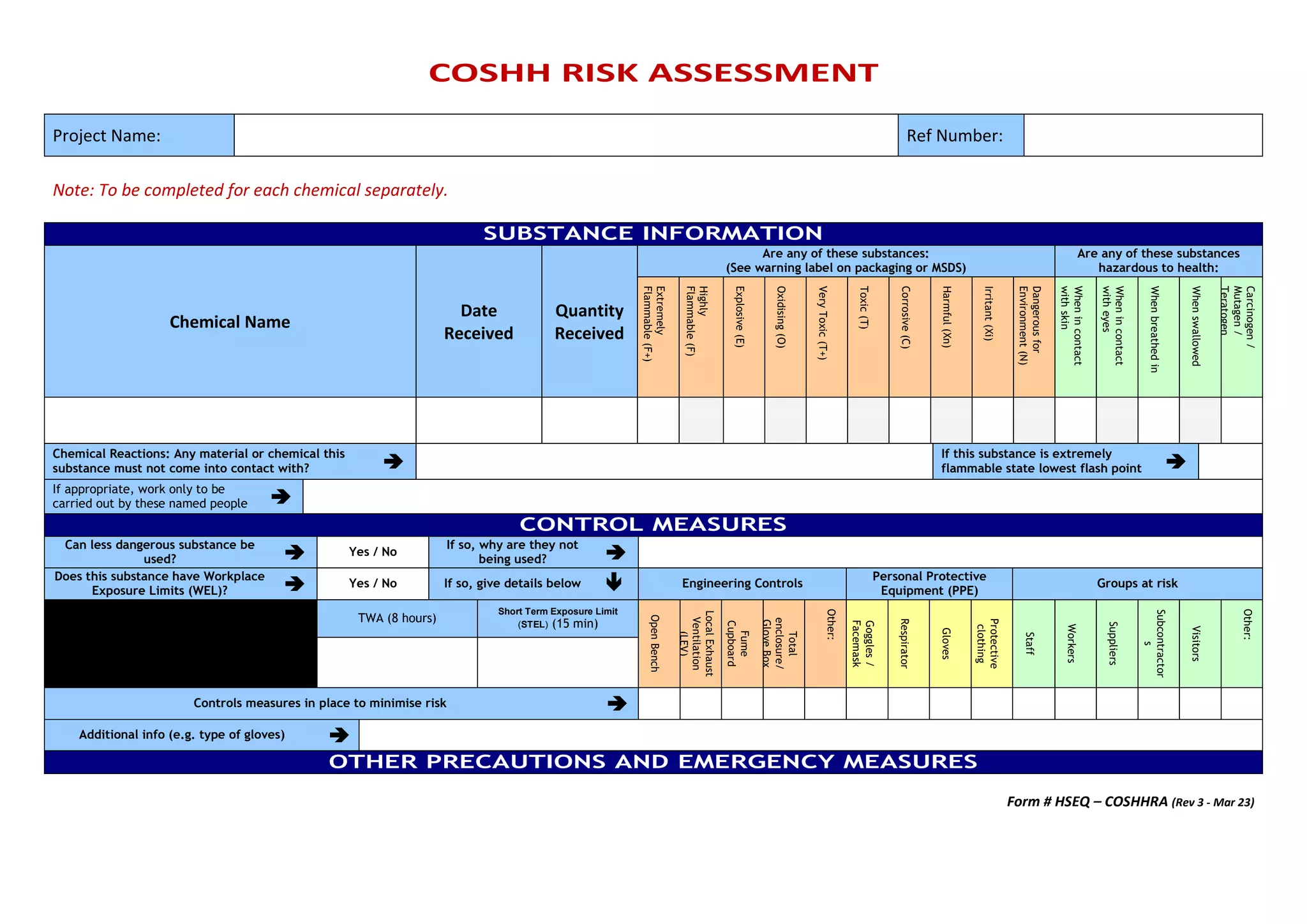 COSHH RISK ASSESSMENT Form # HSEQ - COSHHRA Rev 3.doc