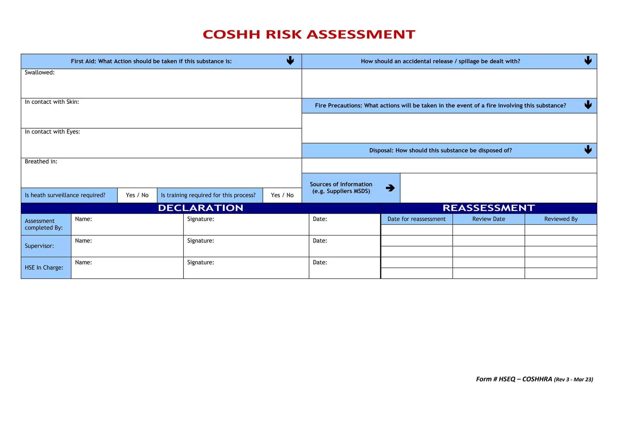 COSHH RISK ASSESSMENT Form # HSEQ - COSHHRA Rev 3.doc