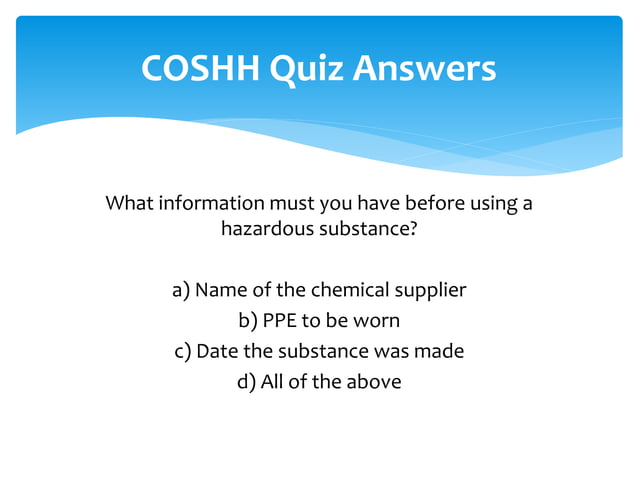 Coshh training stage 2 2014 | PPTX | First Aid | Injuries