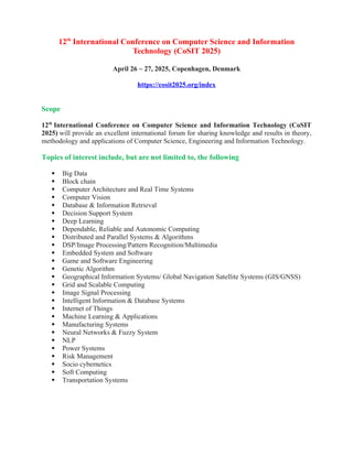 Call For Papers-12th International Conference on Computer Science and Information Technology ...