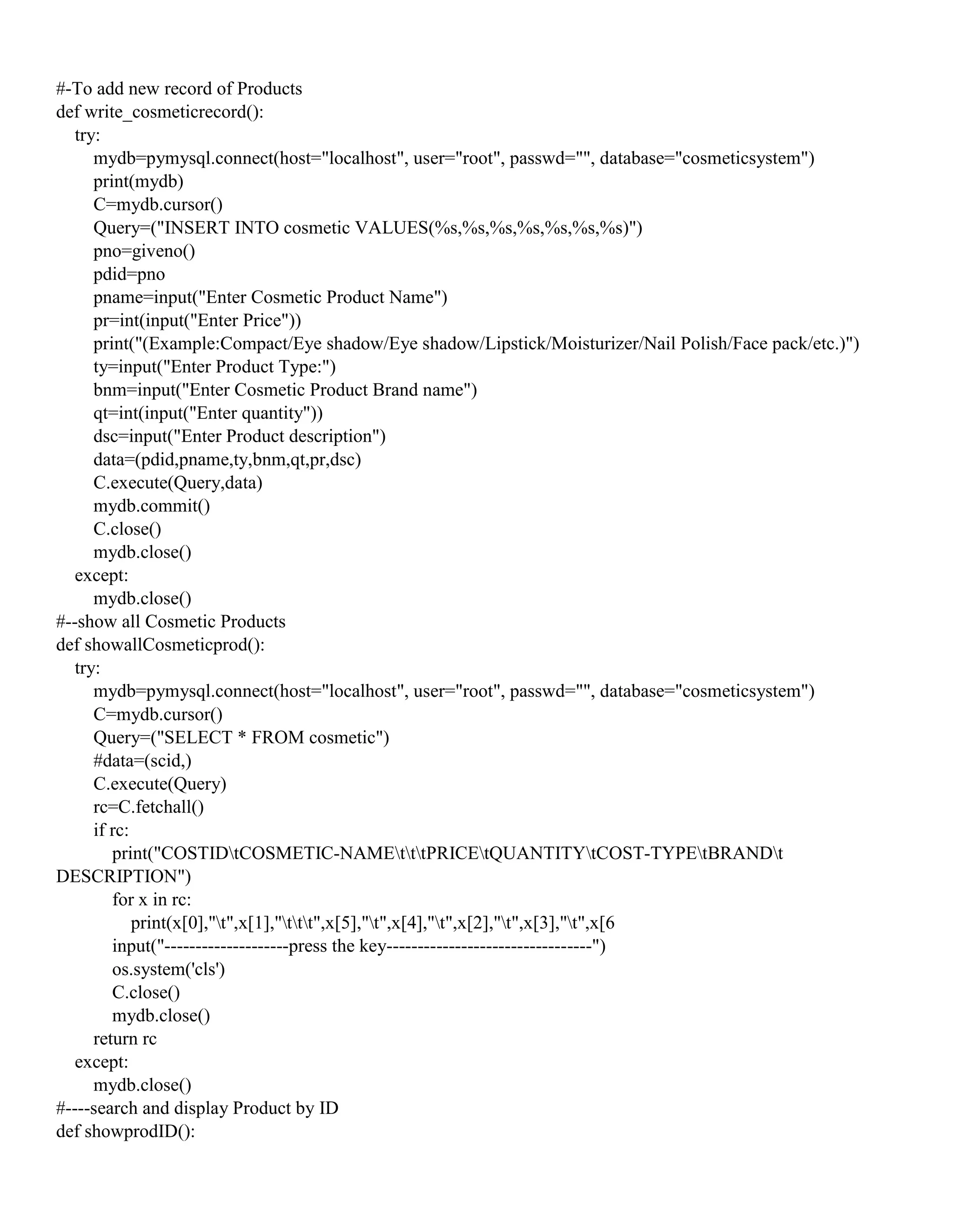 Python Project On Cosmetic Shop system | PDF