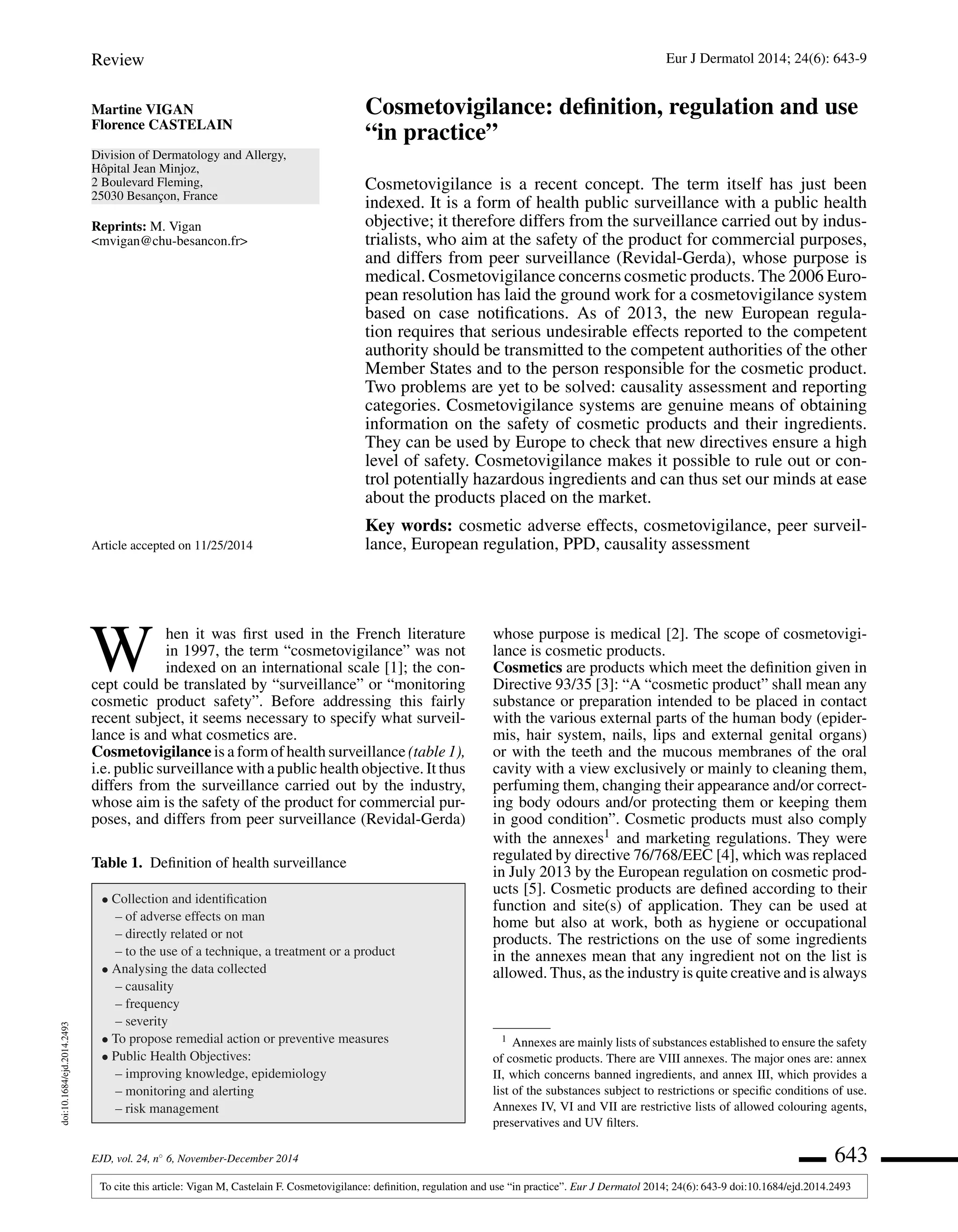 Cosmetovigilance definition, regulation and use in practice. | PDF