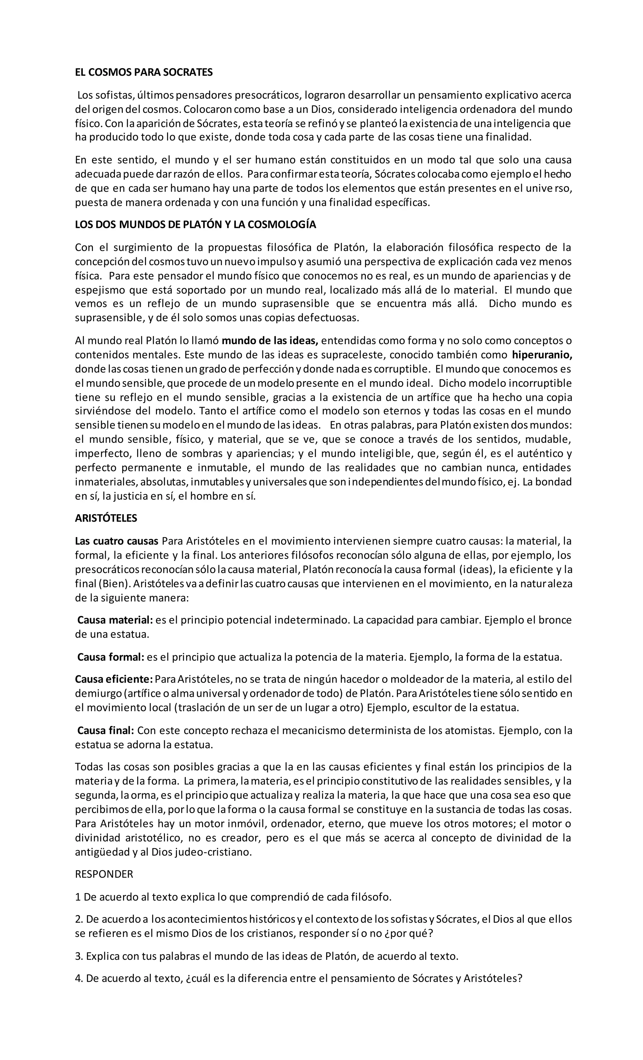 Cosmologia clase. lectura socrates, platon. aris. | DOCX