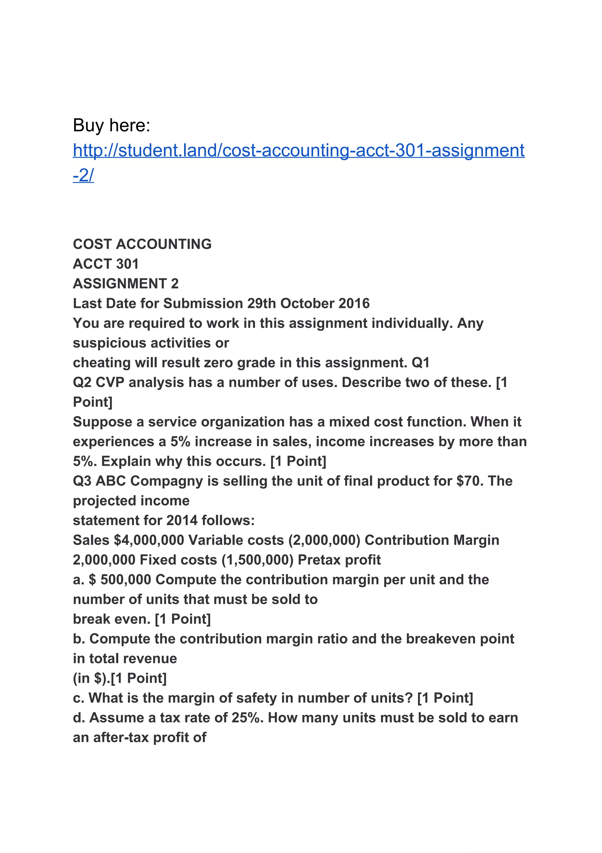 COST ACCOUNTING ACCT 301 ASSIGNMENT 2 | PDF