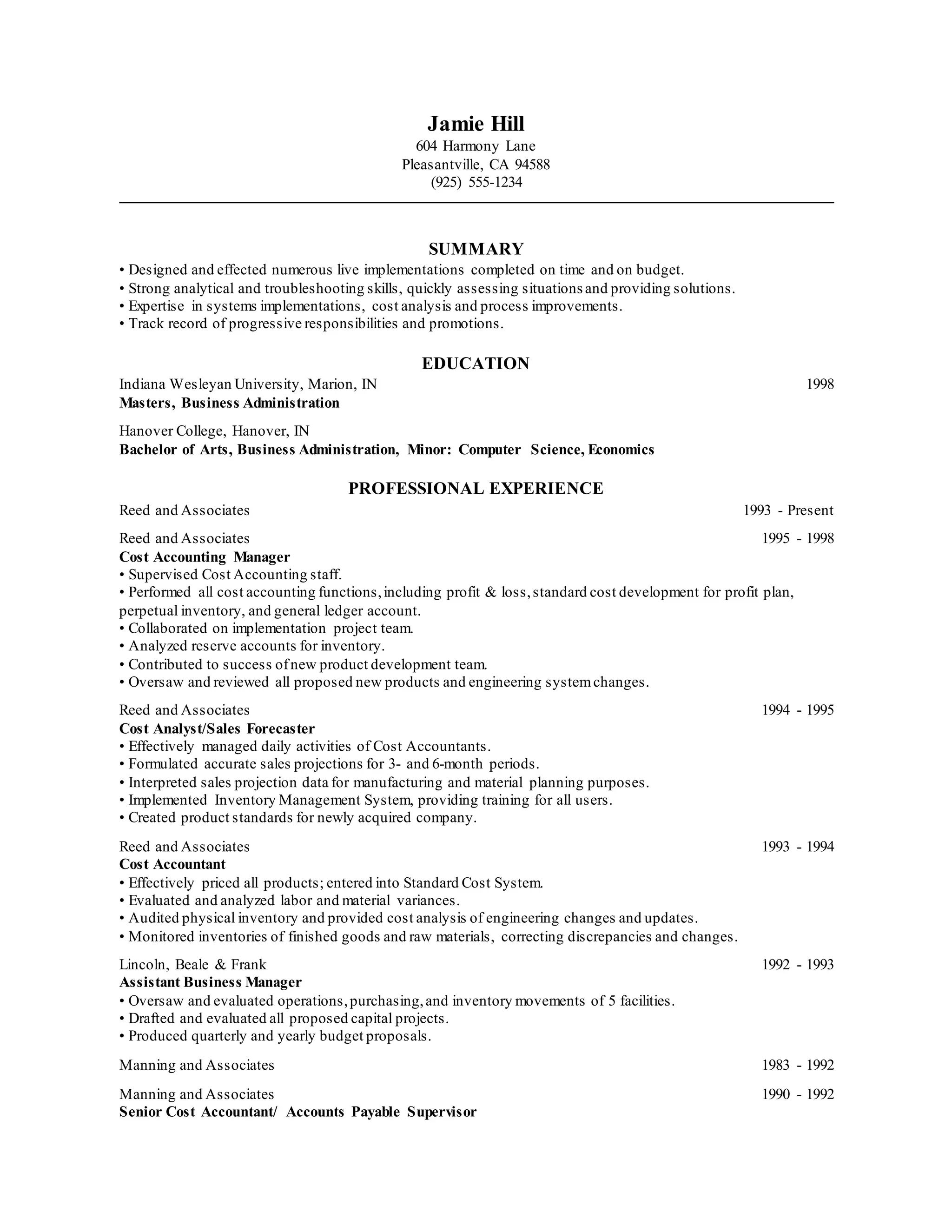 Cost accounting manager CV template | DOCX