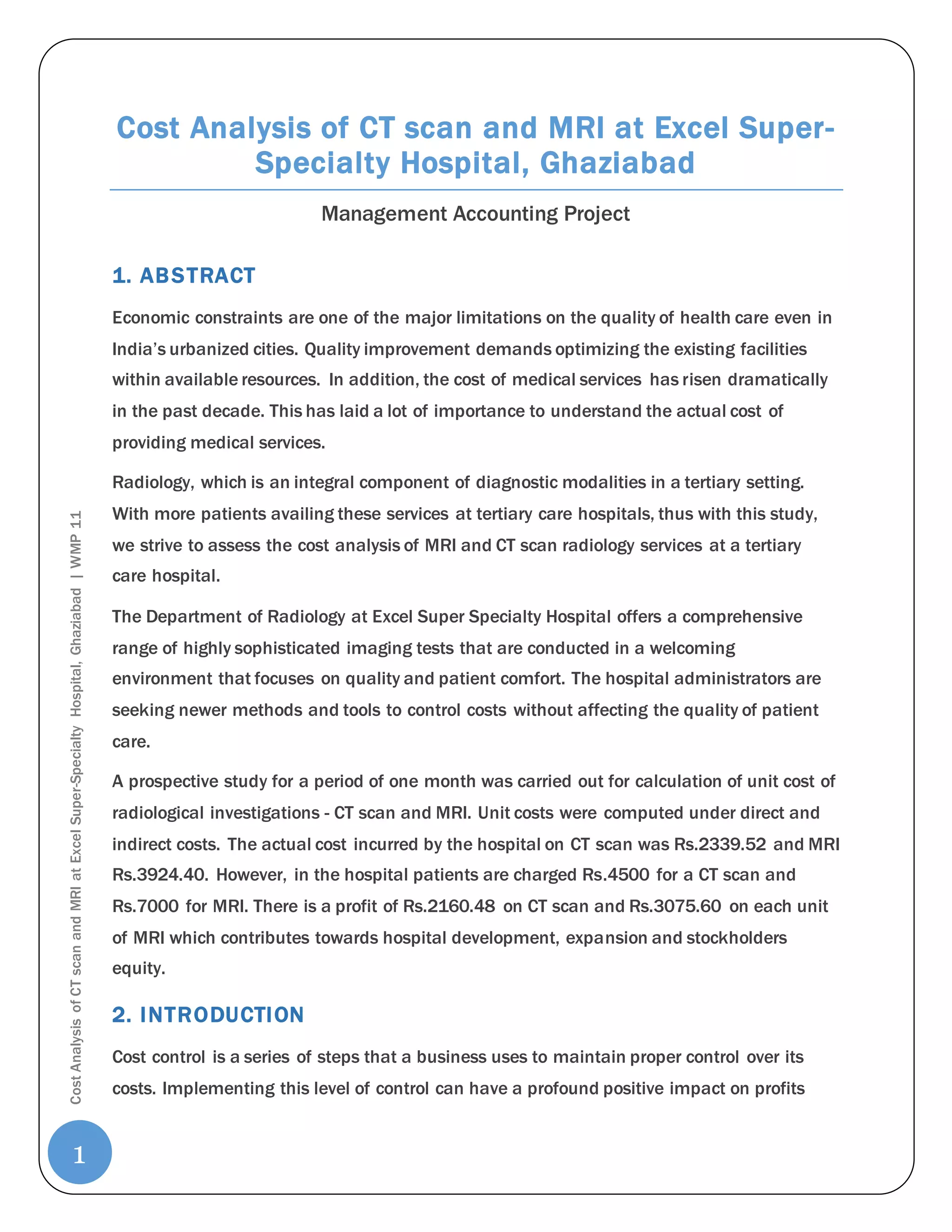Cost accounting project report - CT & MRI Scan Analysis at a ...