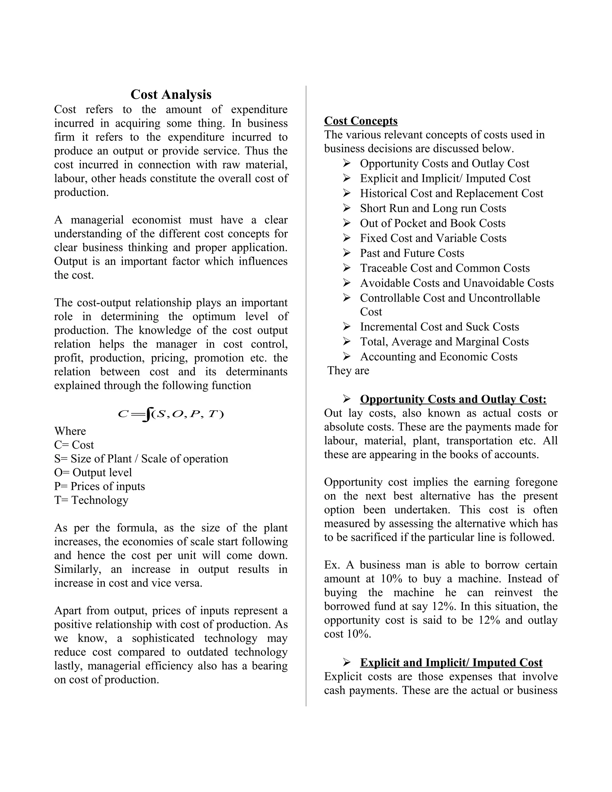 Managerial Economics- Cost analysis and BEP Analysis notes | DOC