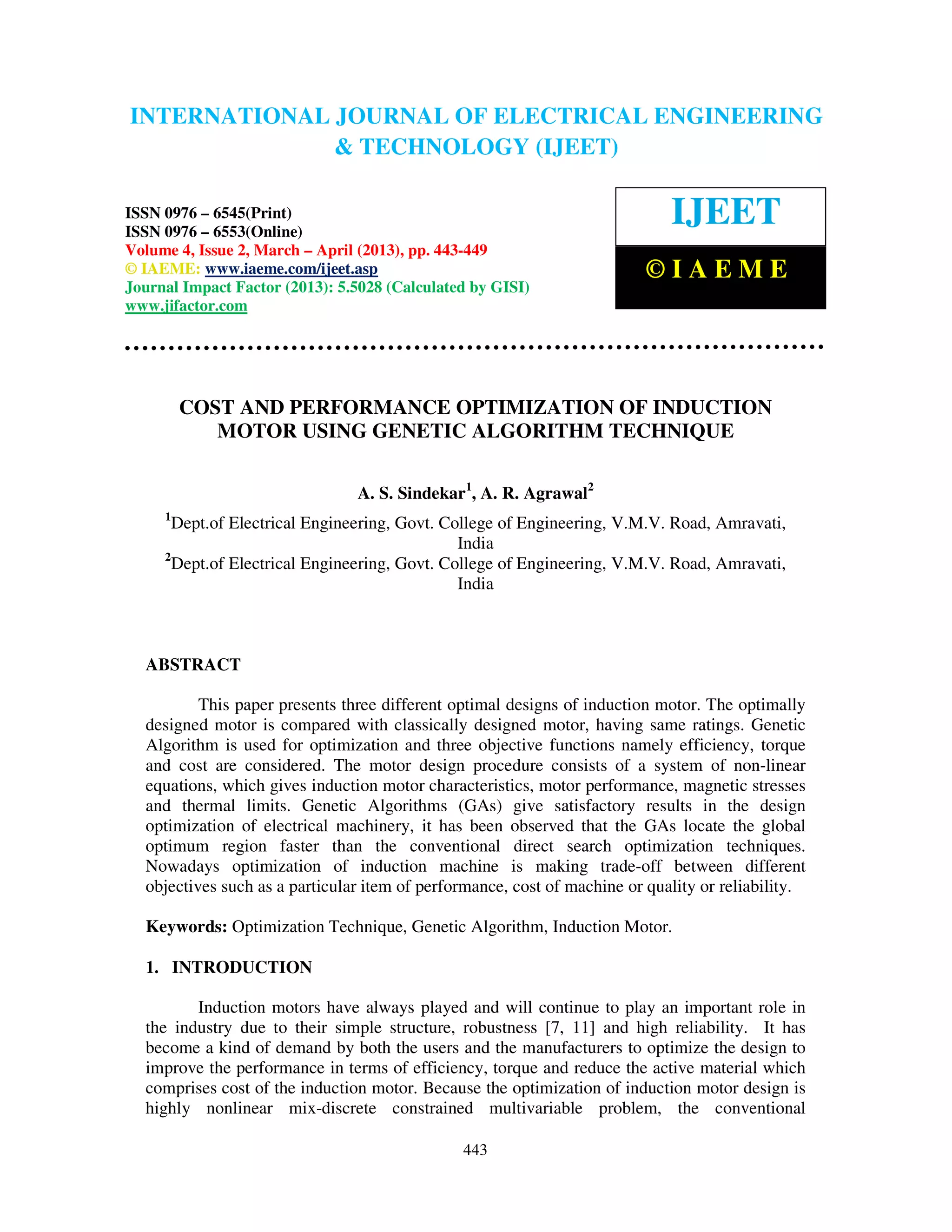 Cost and performance optimization of induction motor using genetic | PDF