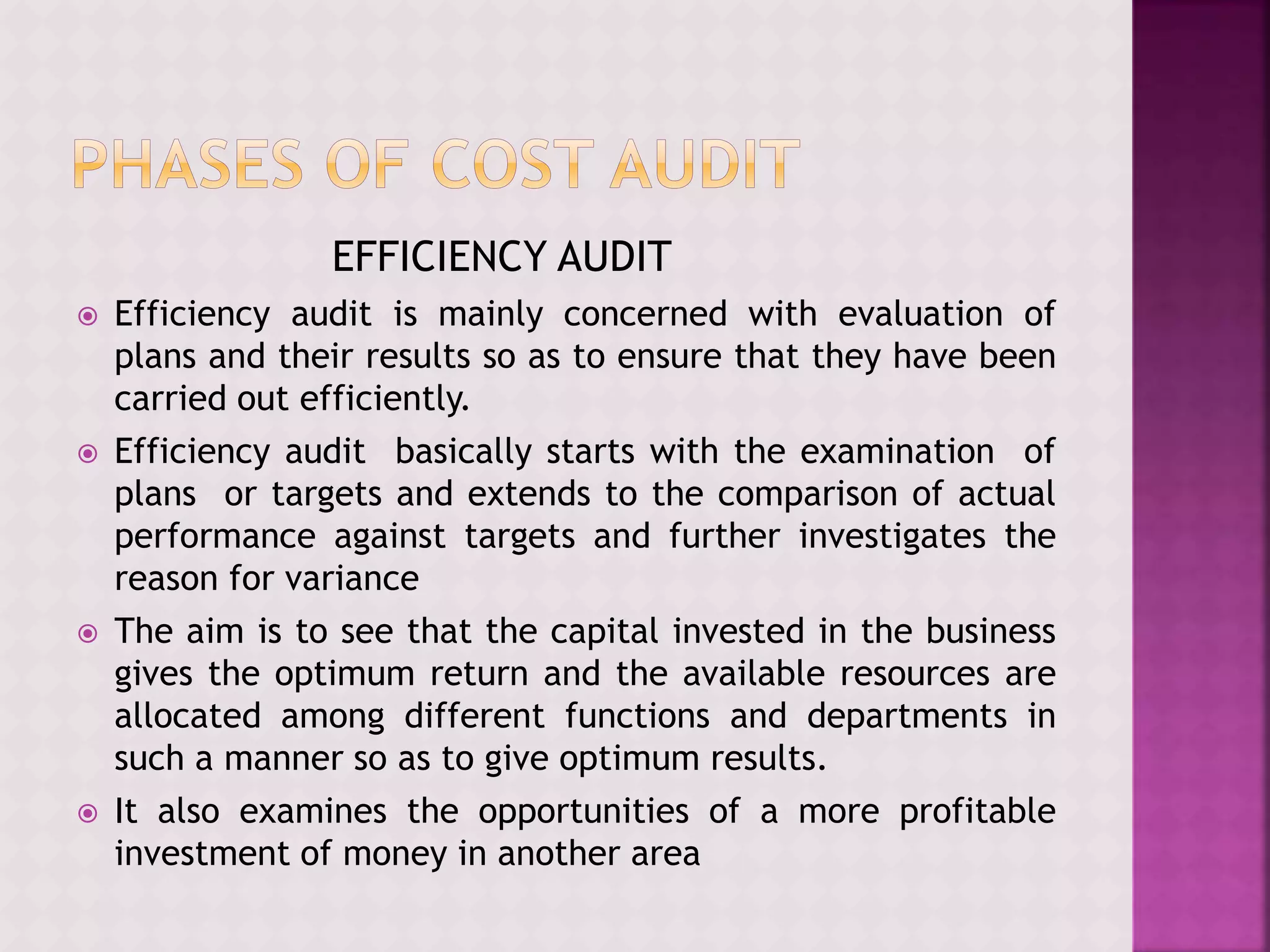 Cost audit meaning, importance, objectives, phases | PPTX