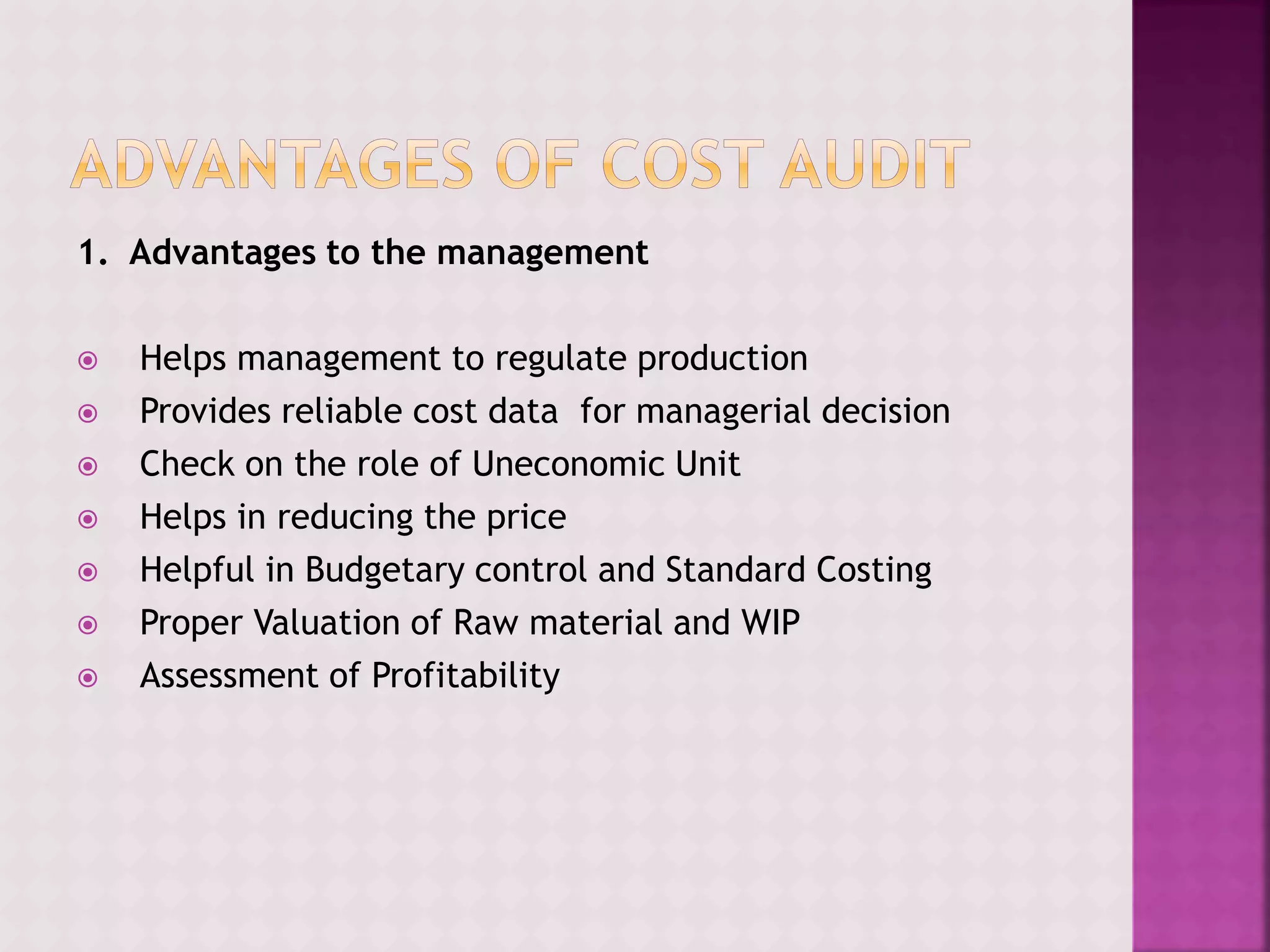 Cost audit meaning, importance, objectives, phases | PPTX