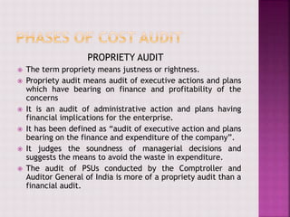 Cost audit meaning, importance, objectives, phases | PPTX