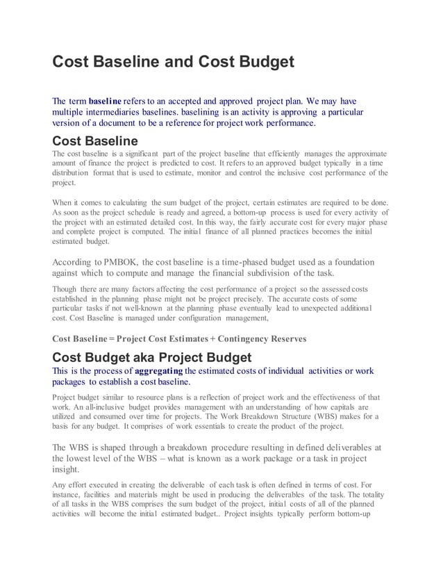 Cost baseline and cost budget | DOCX | Business | Business and Finance