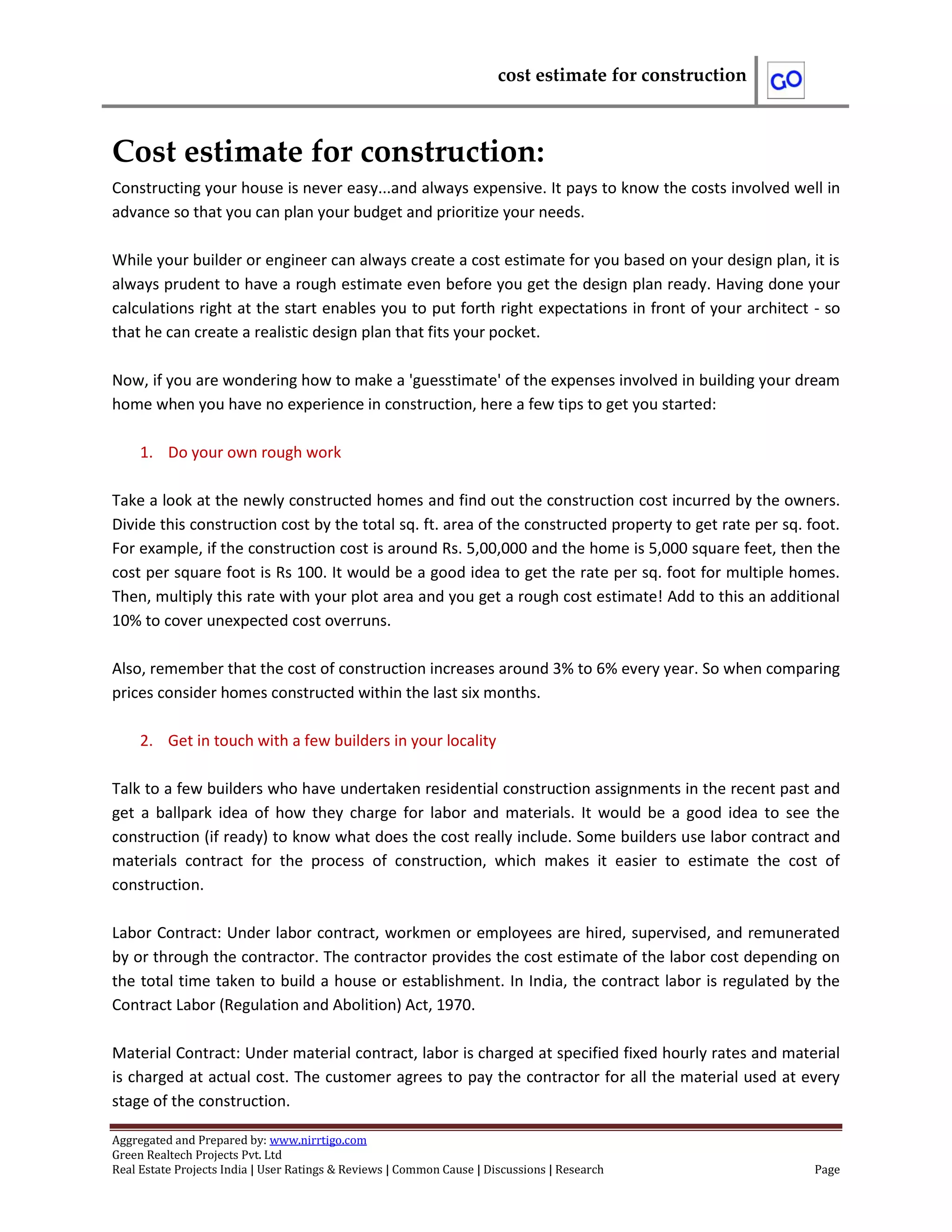 Cost estimate for construction | PDF