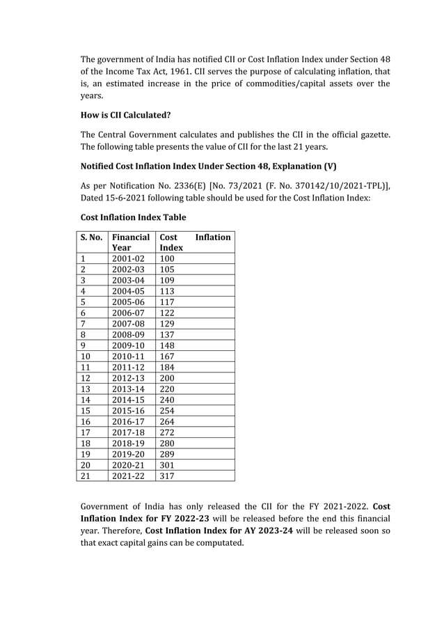 Cost Inflation Index under Income Tax Act | PDF