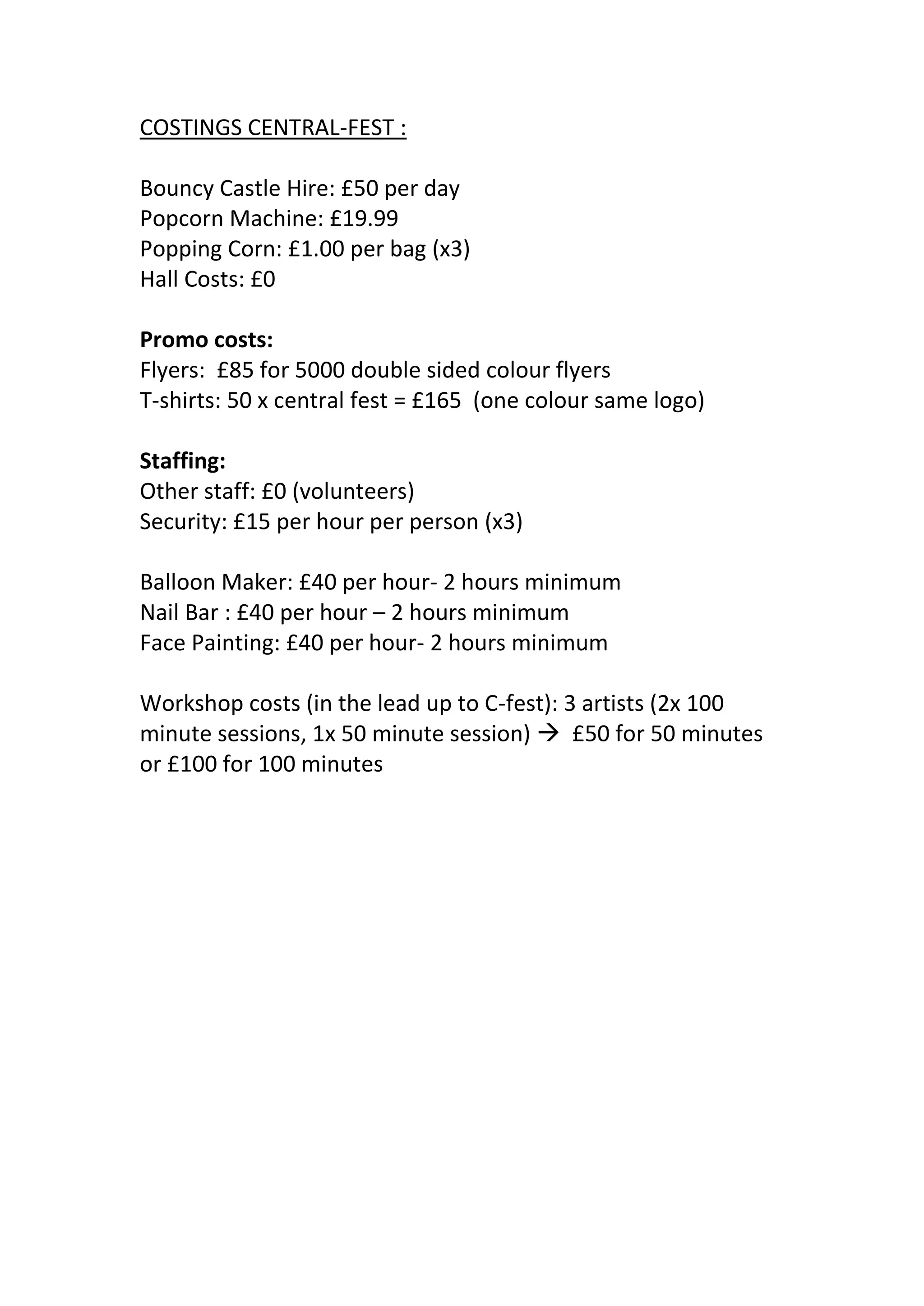 Costings central | DOCX | Party Supplies and Decorations | Shopping