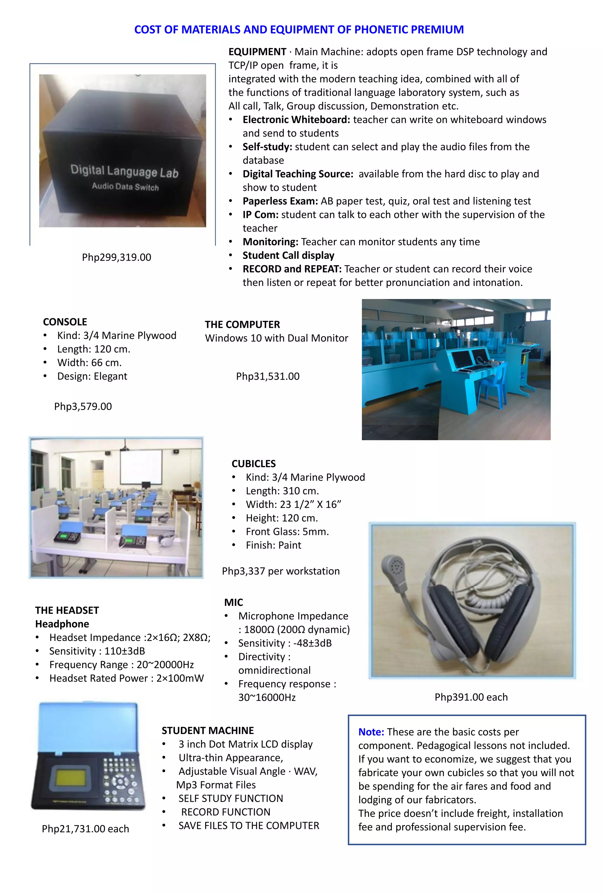 Cost per component of the phonetic speech laboratory | PDF