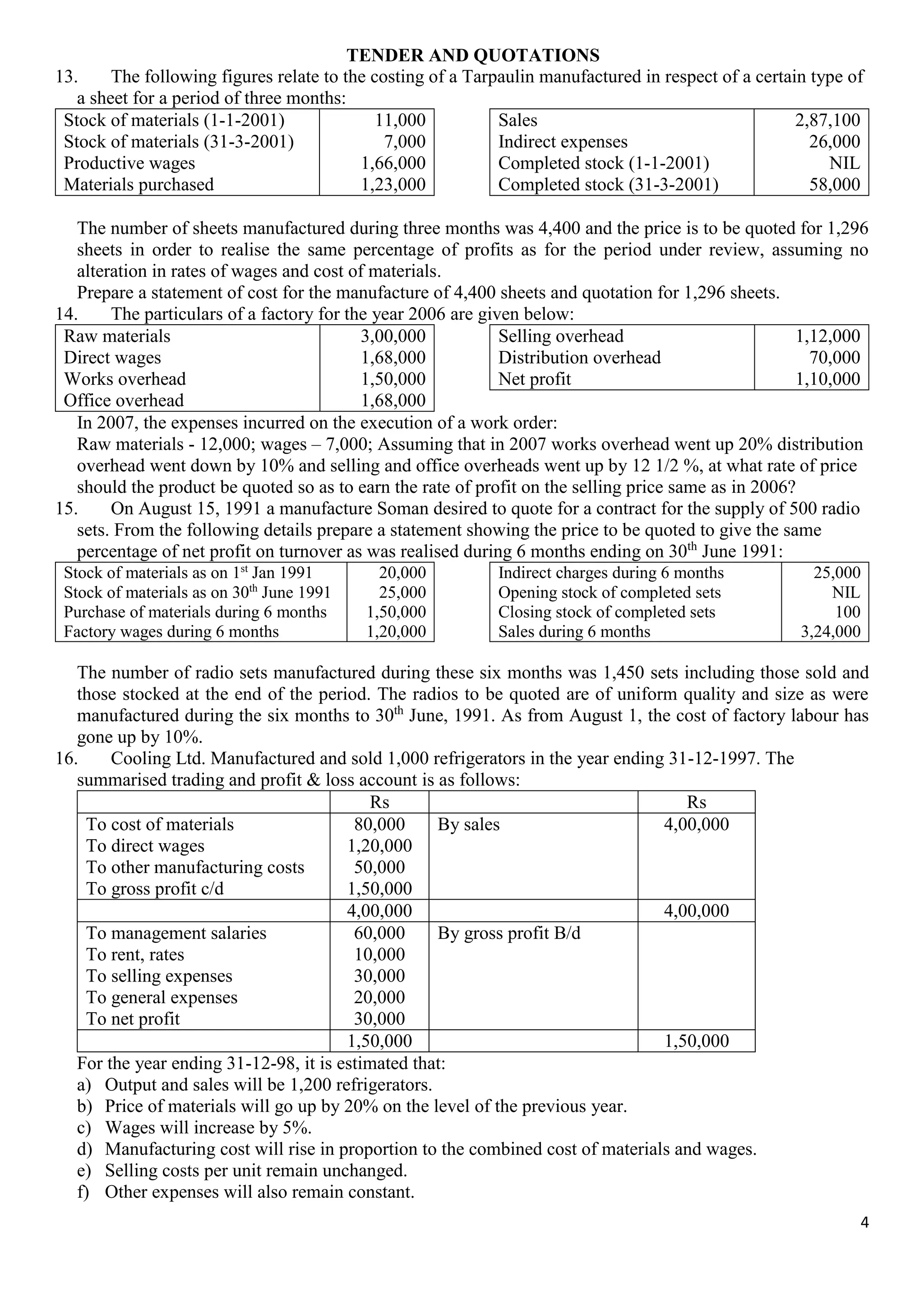 Cost Sheet , Tender and quotation | PDF
