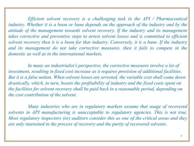Cost reduction by minimizing solvent losses in api manufacturing | PPTX