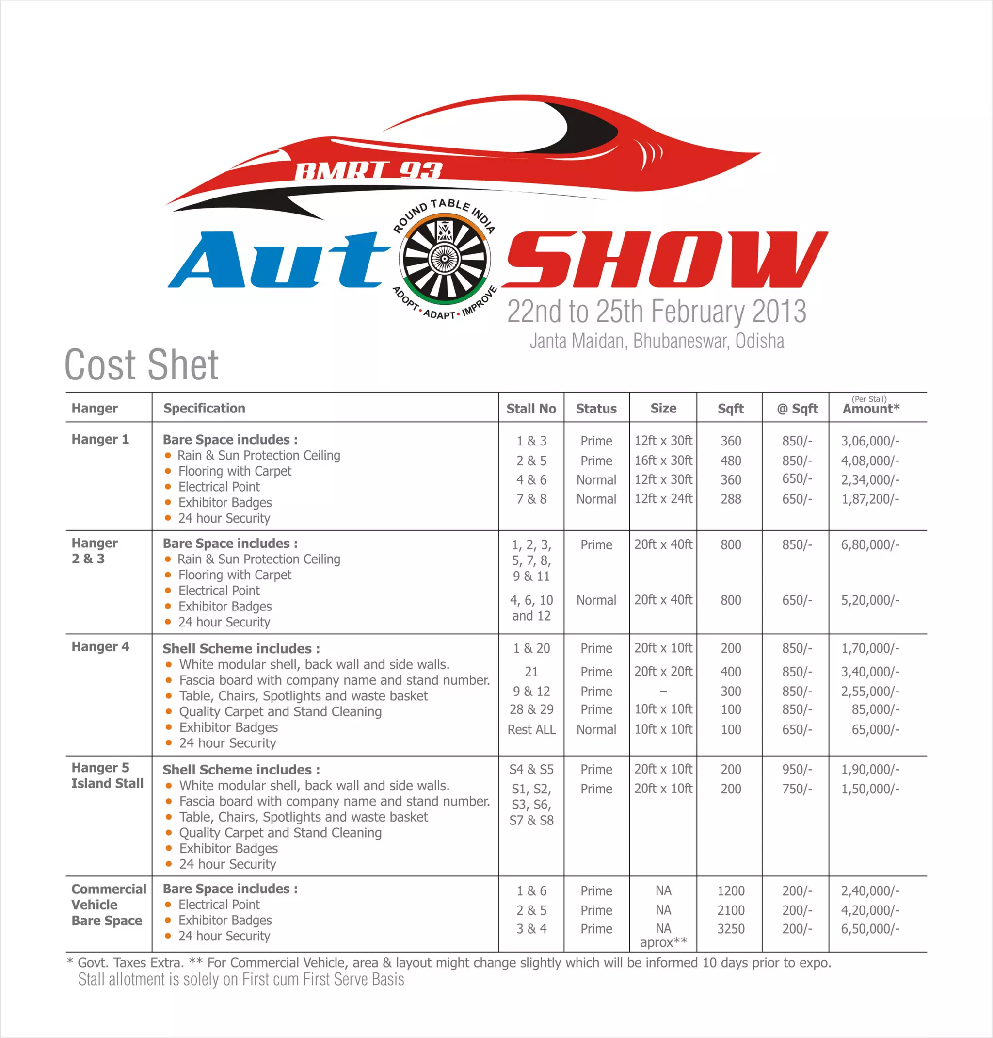 2013 Auto Expo Cost Sheet | PDF