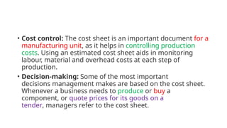 Cost sheet including basics and format of cost sheet | PPTX
