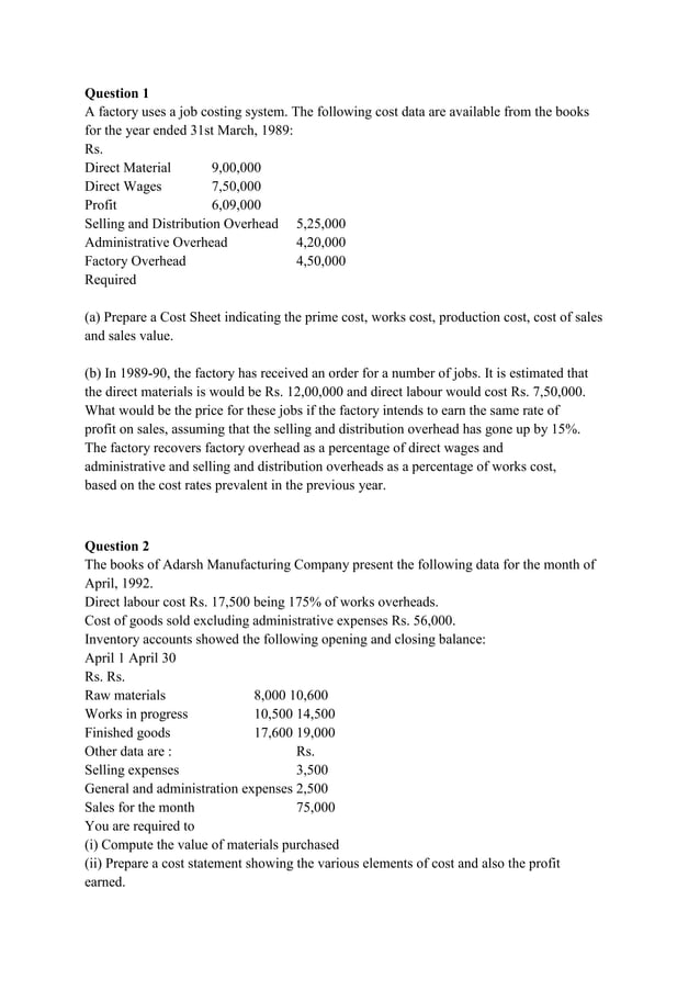 Cost sheet questions | DOCX | Business Accounting & Finance | Business