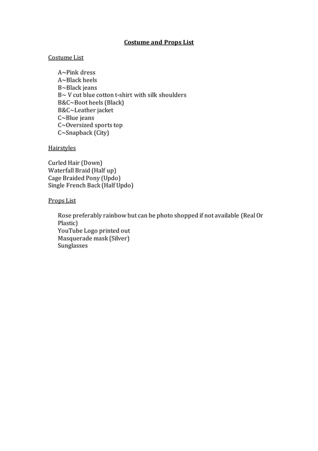 Costume and Props List | DOCX