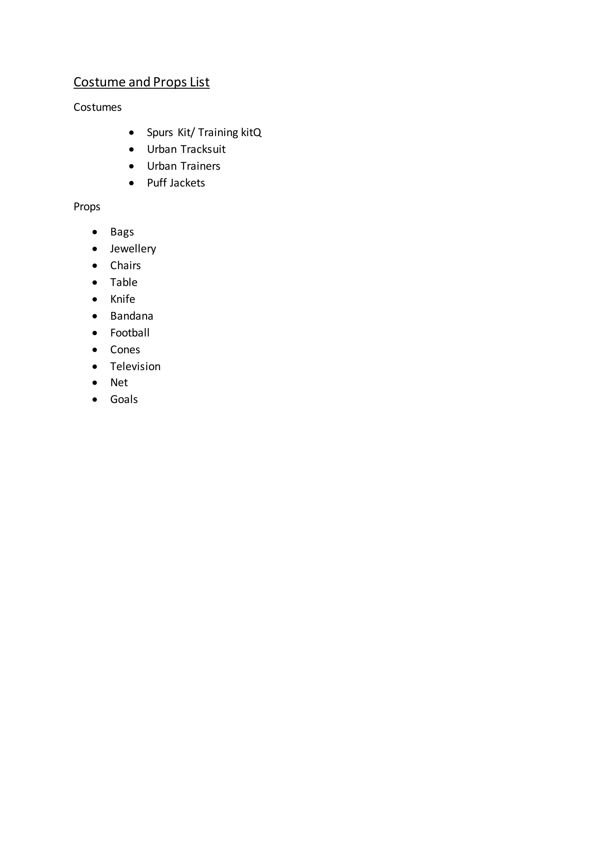 Costume and props list | DOCX