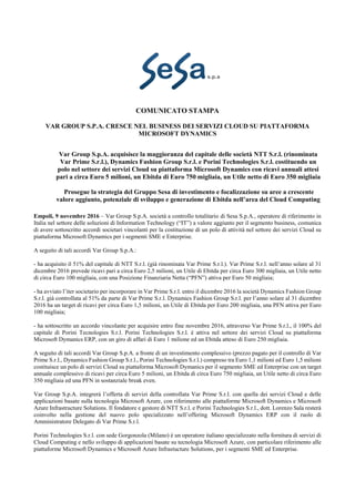 VAR GROUP S.P.A. CRESCE NEL BUSINESS DEI SERVIZI CLOUD SU PIATTAFORMA ...