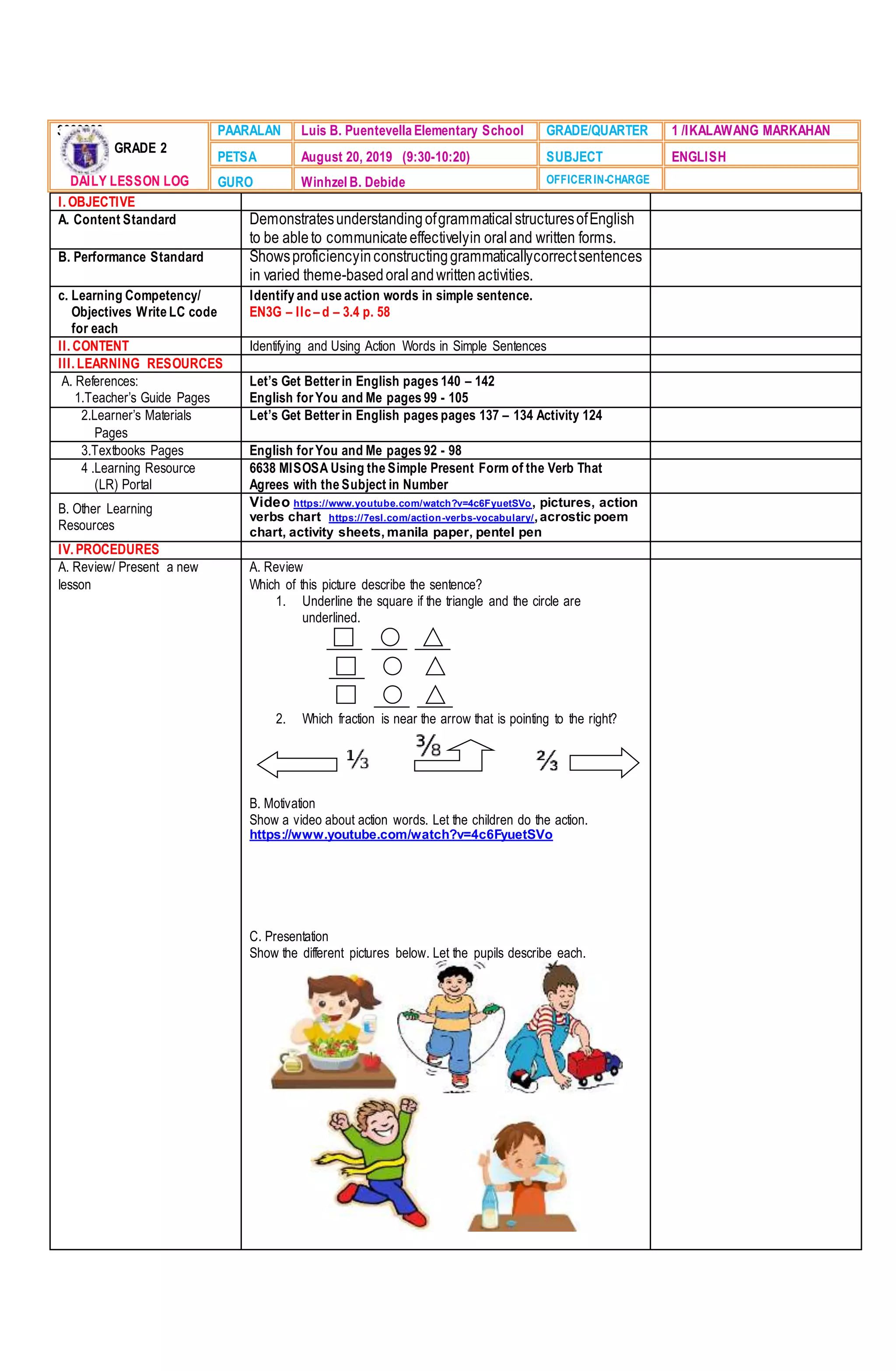 COT Lesson Plan in English 3 Verbs | DOC
