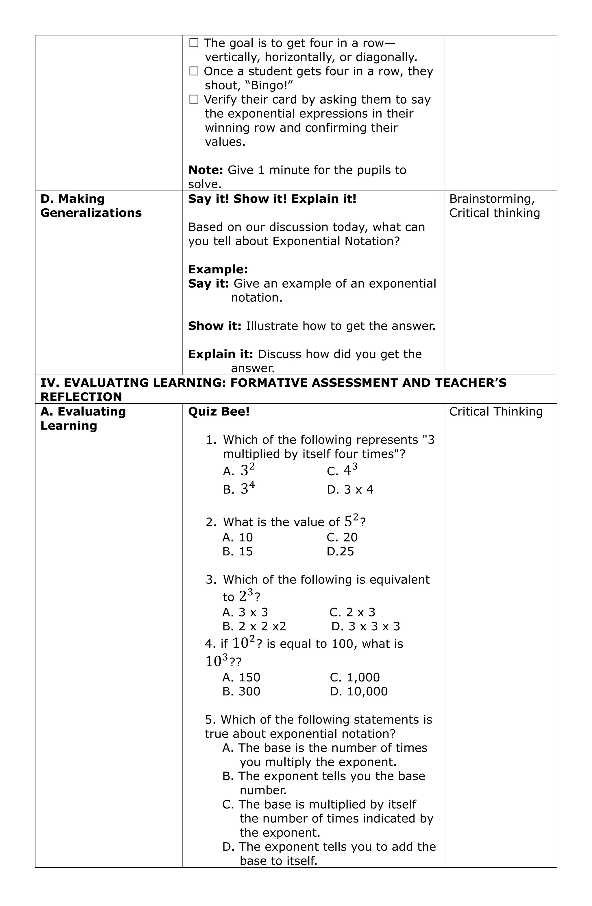 Giving the value of an exponential notation - mathematics 6 | PDF