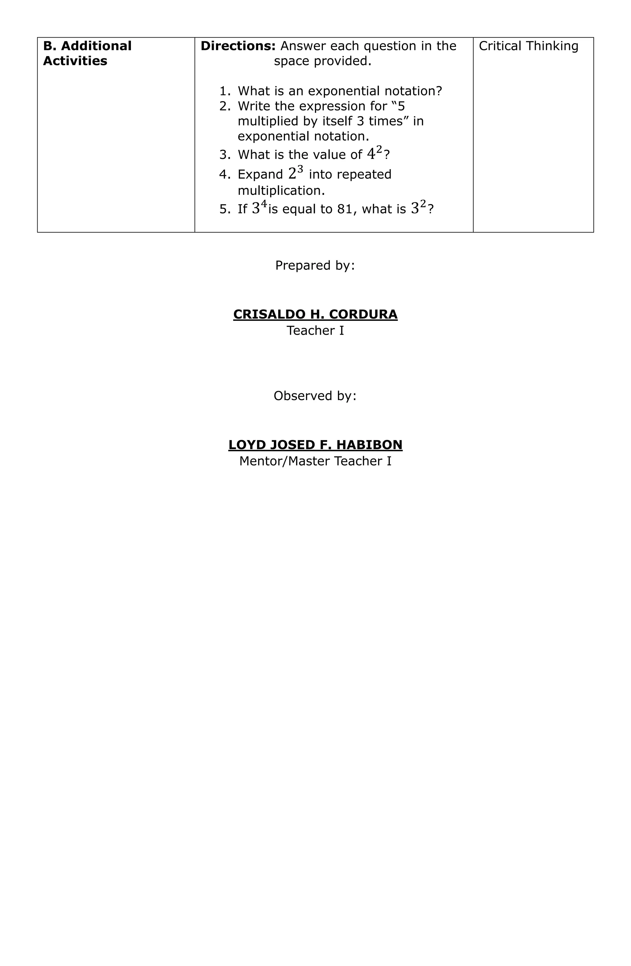 Giving the value of an exponential notation - mathematics 6 | PDF
