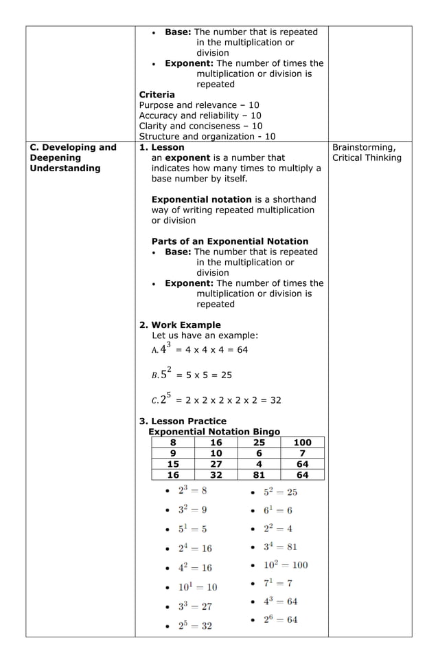 Giving the value of an exponential notation - mathematics 6 | PDF