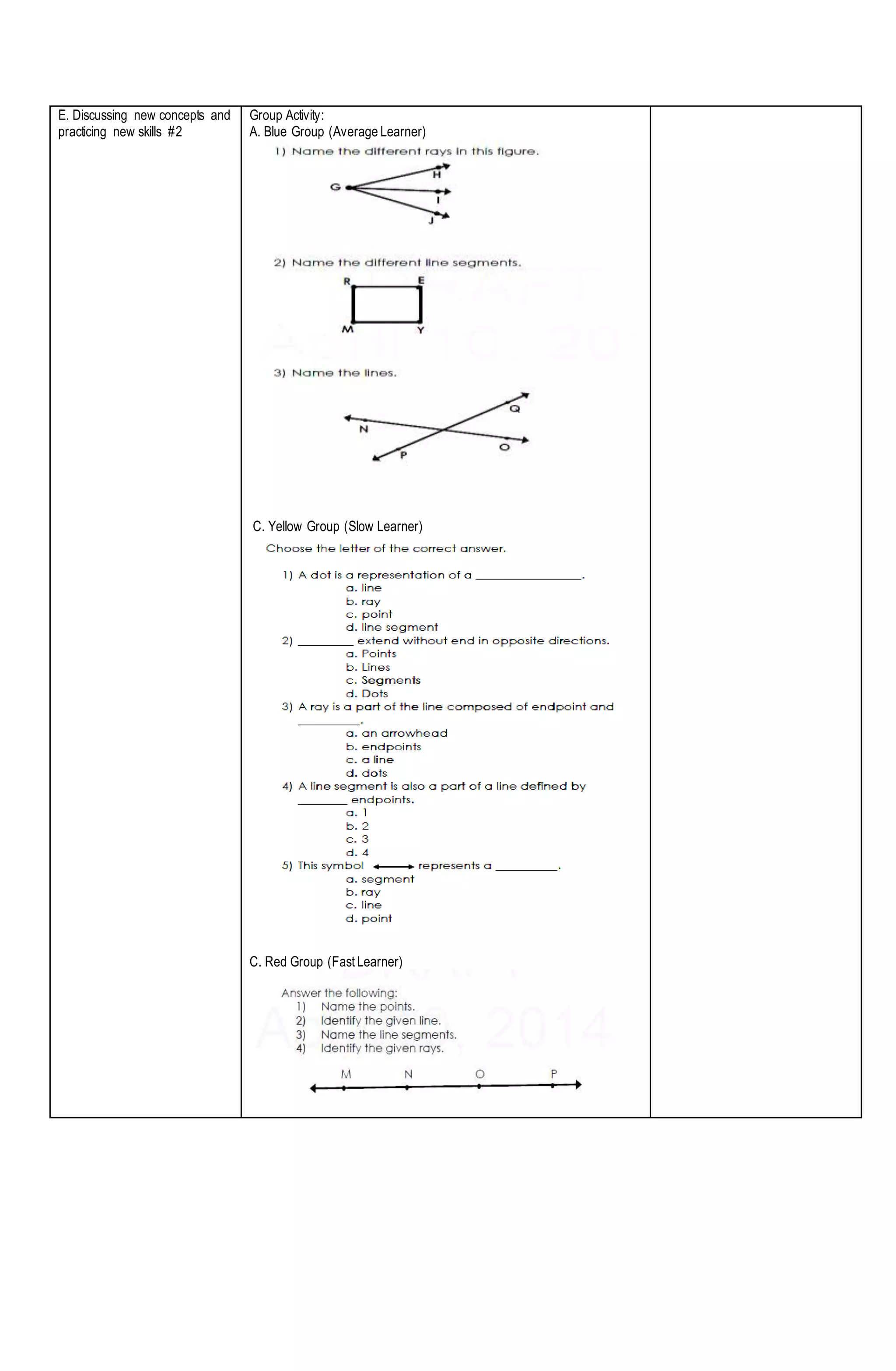 COT Lesson Plan Mathematics 3 Points, Line, Line Segment and Ray | DOC