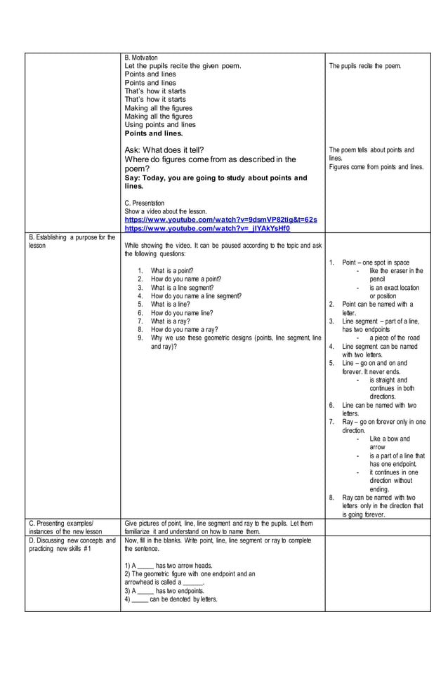 COT Lesson Plan Mathematics 3 Points, Line, Line Segment and Ray | DOC ...