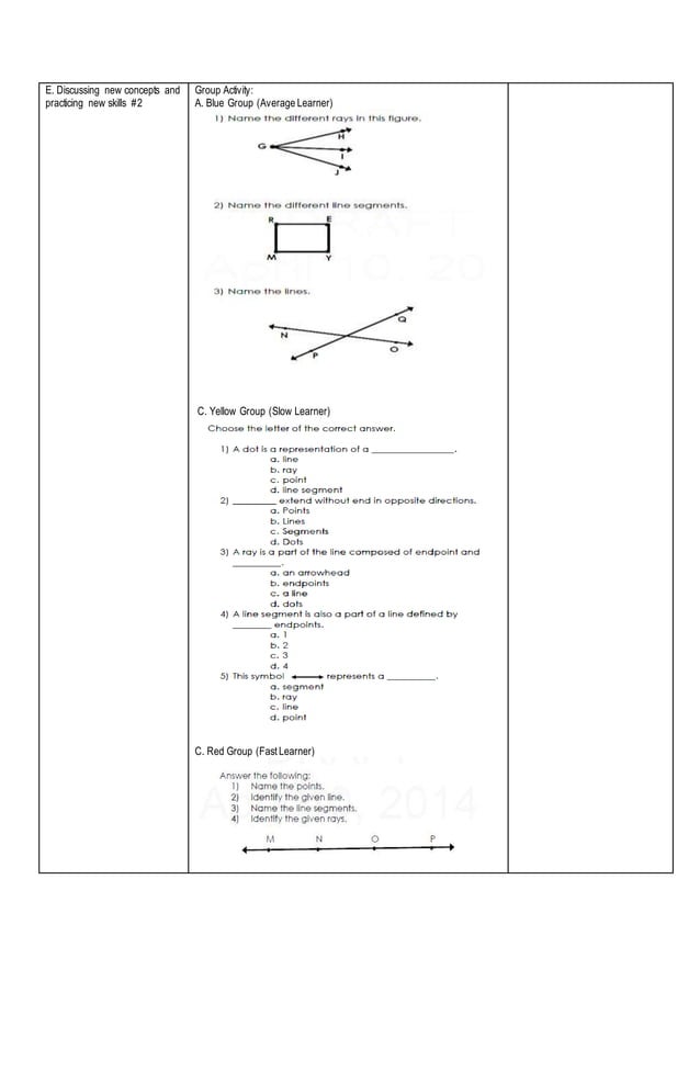 COT Lesson Plan Mathematics 3 Points, Line, Line Segment and Ray | DOC | Educational Assessment ...