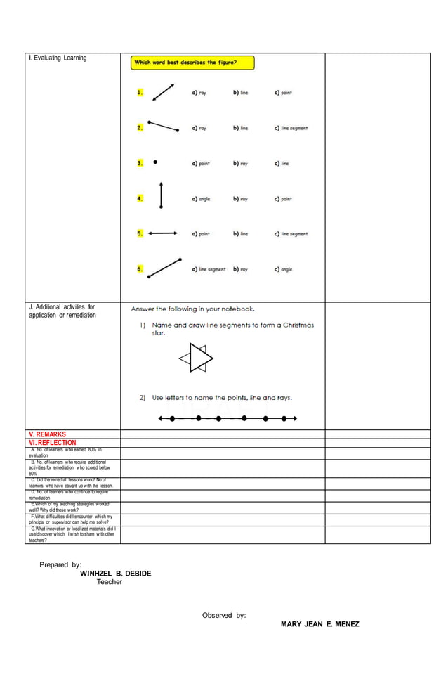 COT Lesson Plan Mathematics 3 Points, Line, Line Segment and Ray | DOC ...