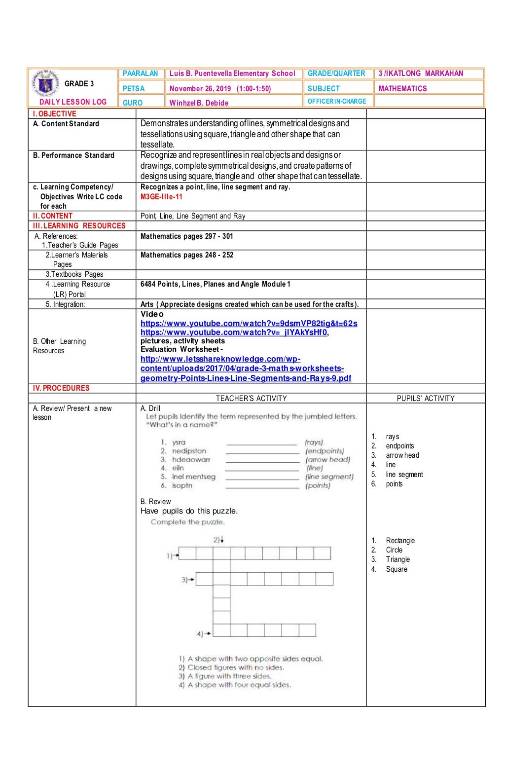 COT Lesson Plan Mathematics 3 Points Line Line Segment And Ray COT Lesson Plan Mathematics 3 Points Line Line Segment And Ray
