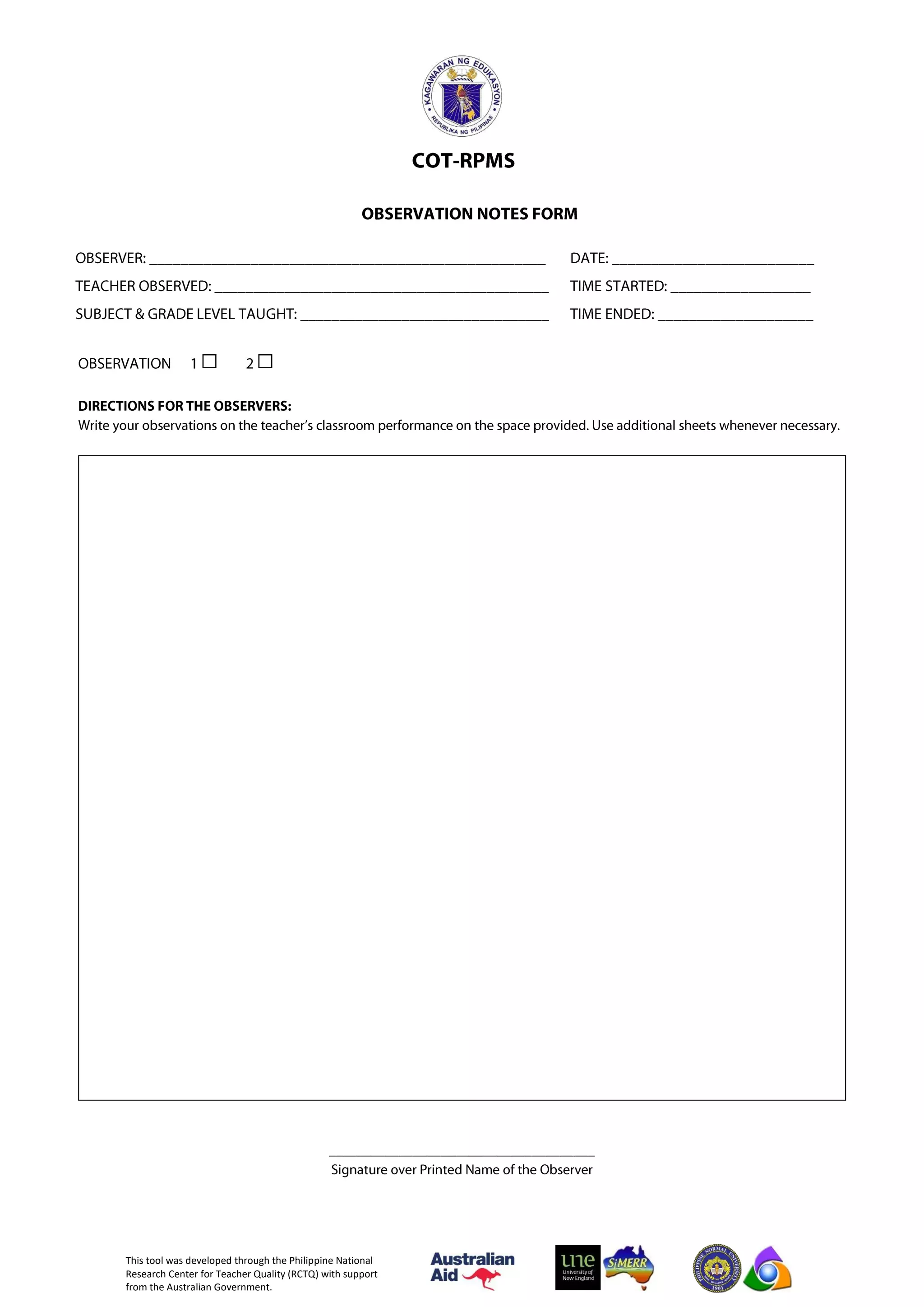 Cot rpms observation notes form | PDF