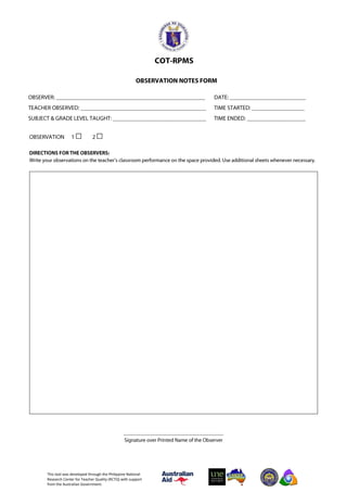 Cot rpms observation notes form | PDF