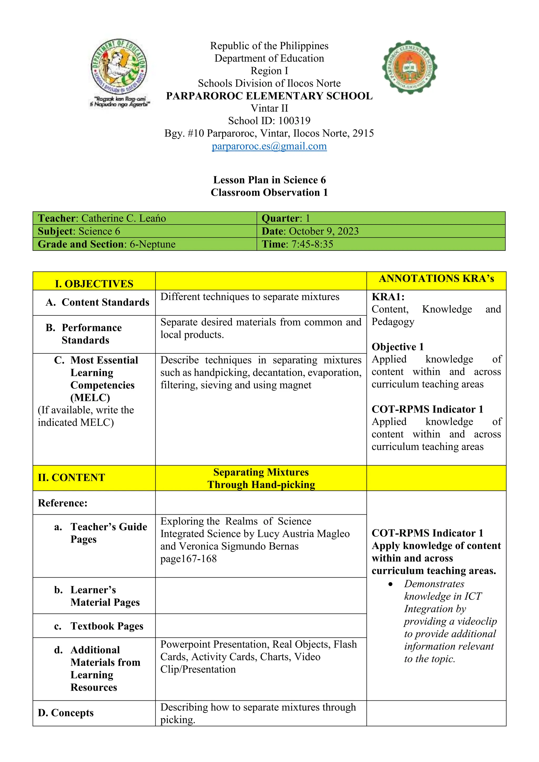 COT-SCIENCE6 QUARTER 1 SEPERATING MIXTURES THROUGH HAND PICKING by ...