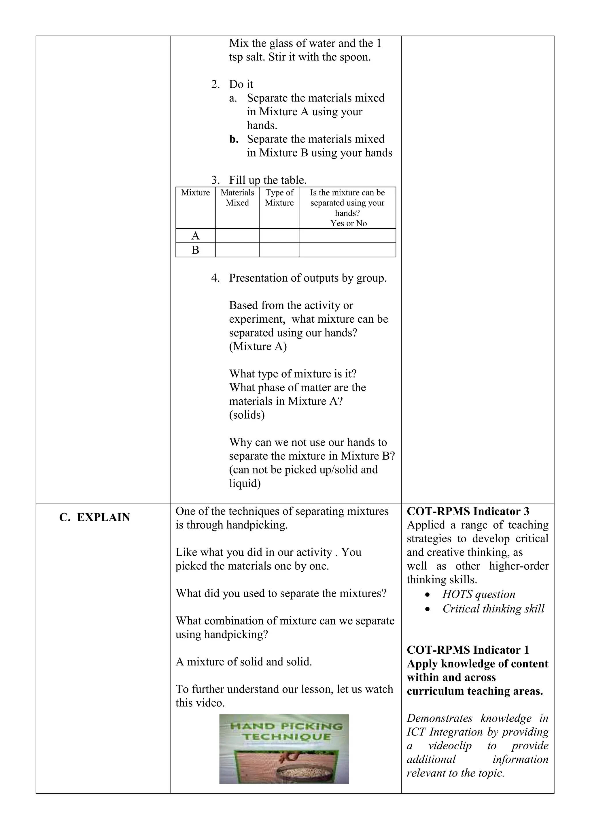 COT-SCIENCE6 QUARTER 1 SEPERATING MIXTURES THROUGH HAND PICKING by ...
