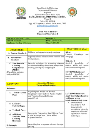 COT-SCIENCE6 QUARTER 1 SEPERATING MIXTURES THROUGH HAND PICKING by ...