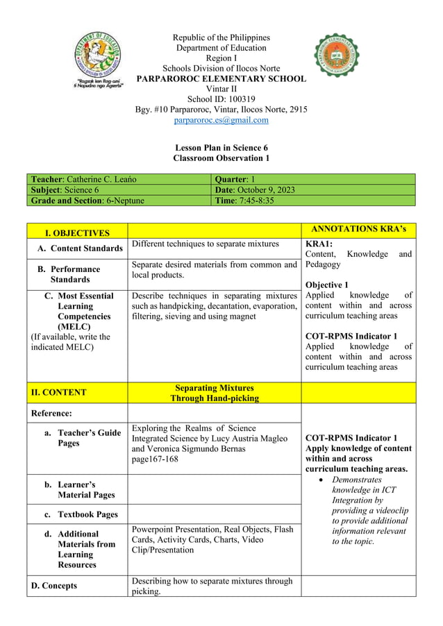 COT-SCIENCE6 QUARTER 1 SEPERATING MIXTURES THROUGH HAND PICKING by TEACHERKJVAL2023.docx