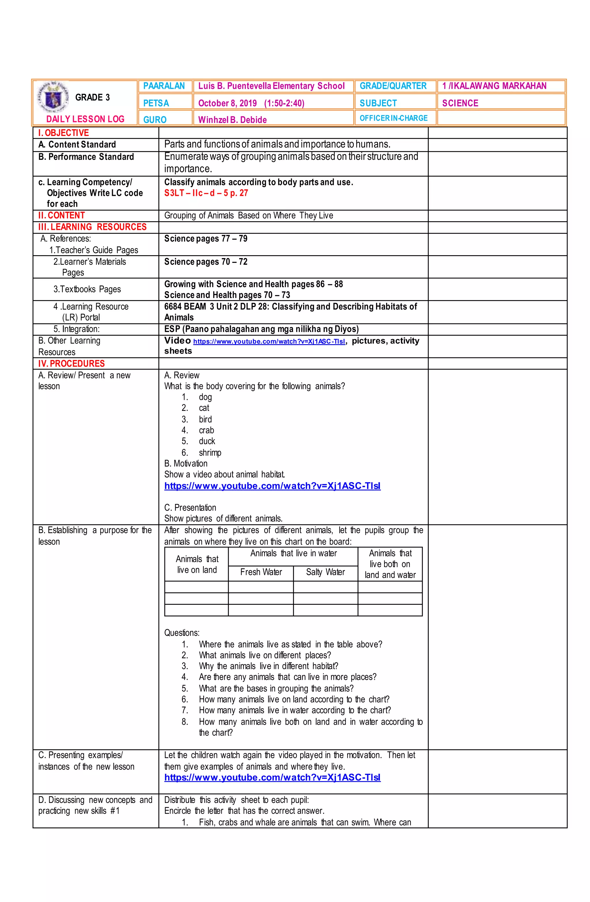COT Lesson Plan Science 3 Animal's Habitat | DOC
