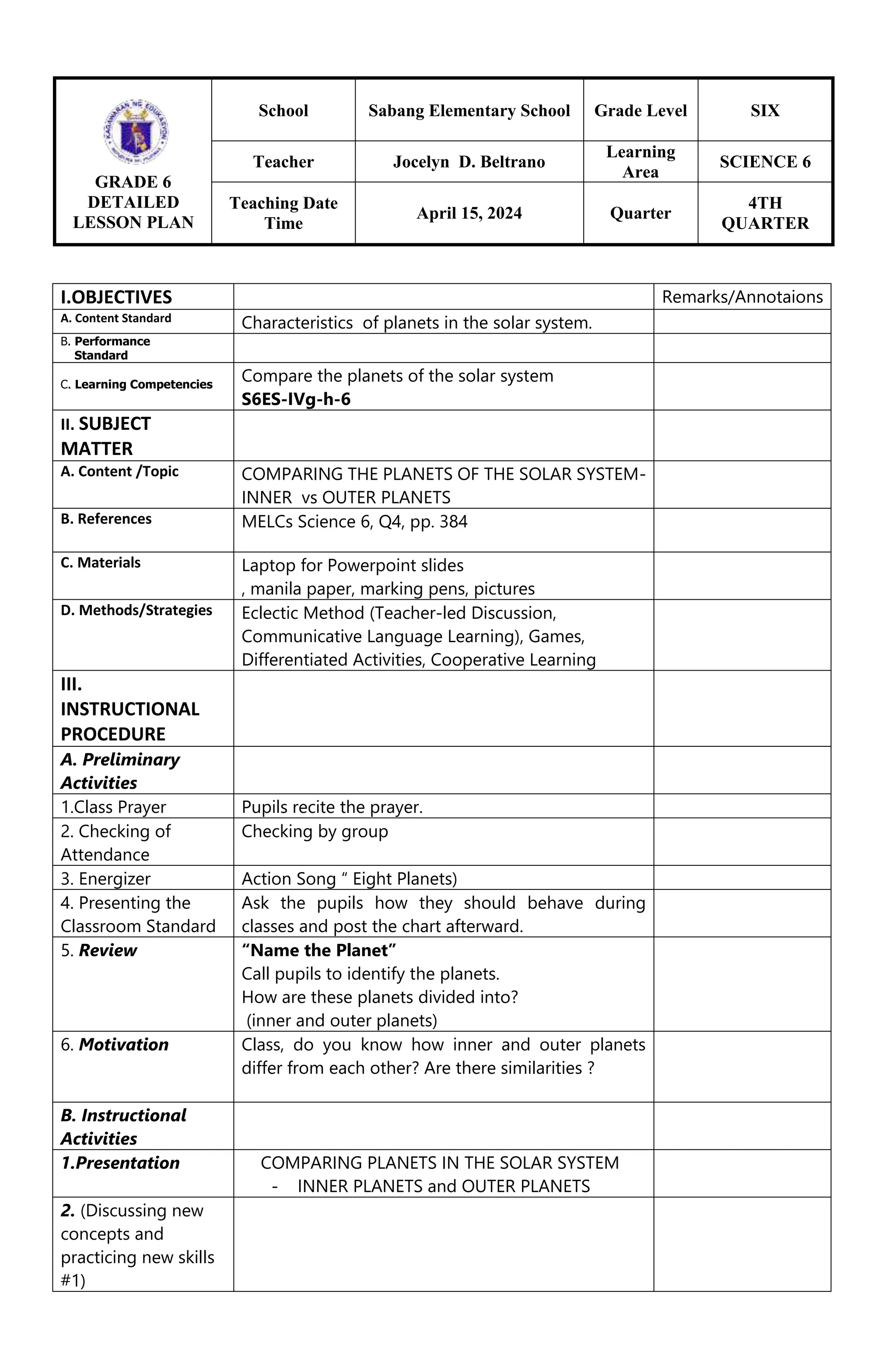 THE GRADE- 6 COT- SOLAR SYSTEM LESSON PLAN | DOCX